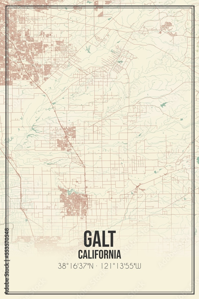 Retro US city map of Galt, California. Vintage street map. Stock ...