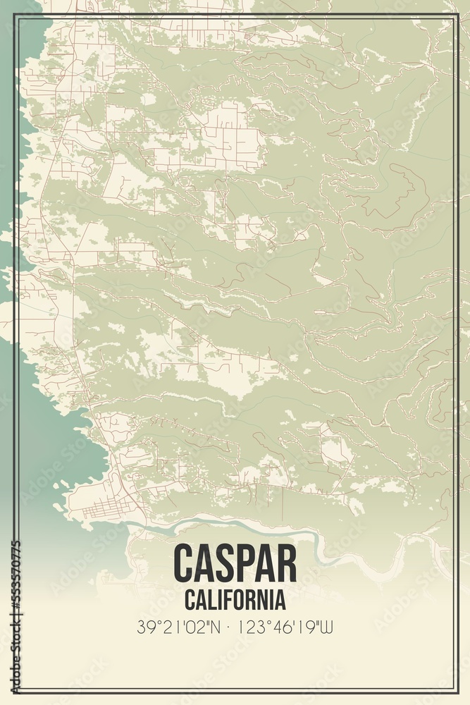 Photo & Art Print Retro US city map of Caspar, California. Vintage ...