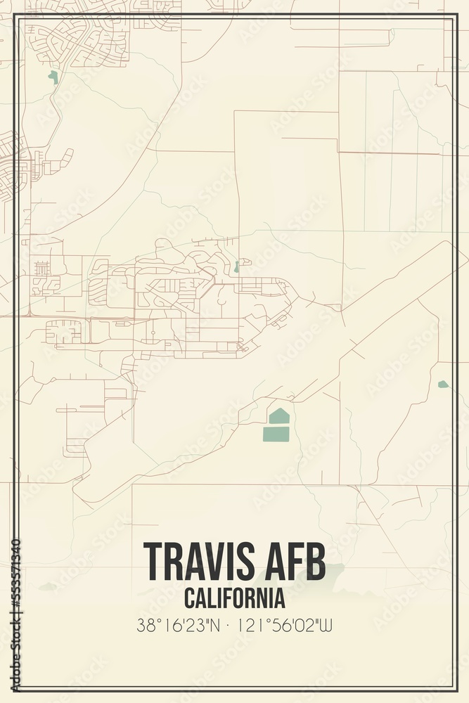 Poster Retro US city map of Travis Afb, California. Vintage street map ...