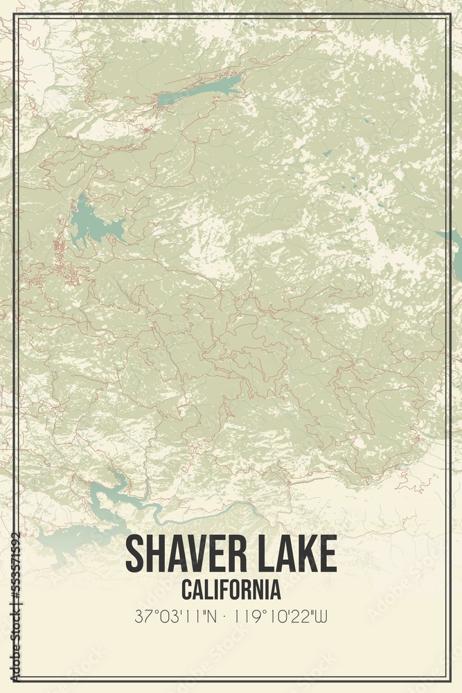 Retro US city map of Shaver Lake, California. Vintage street map. Stock ...