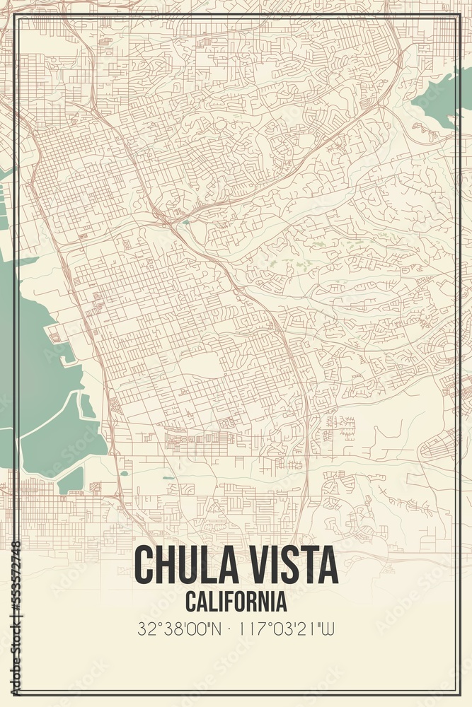 Retro US city map of Chula Vista, California. Vintage street map. Stock ...