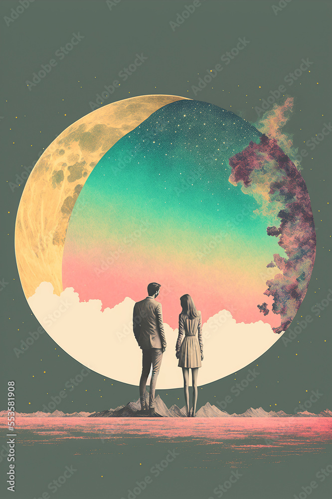 A loving couple stand with a huge moon in the background, digital ...