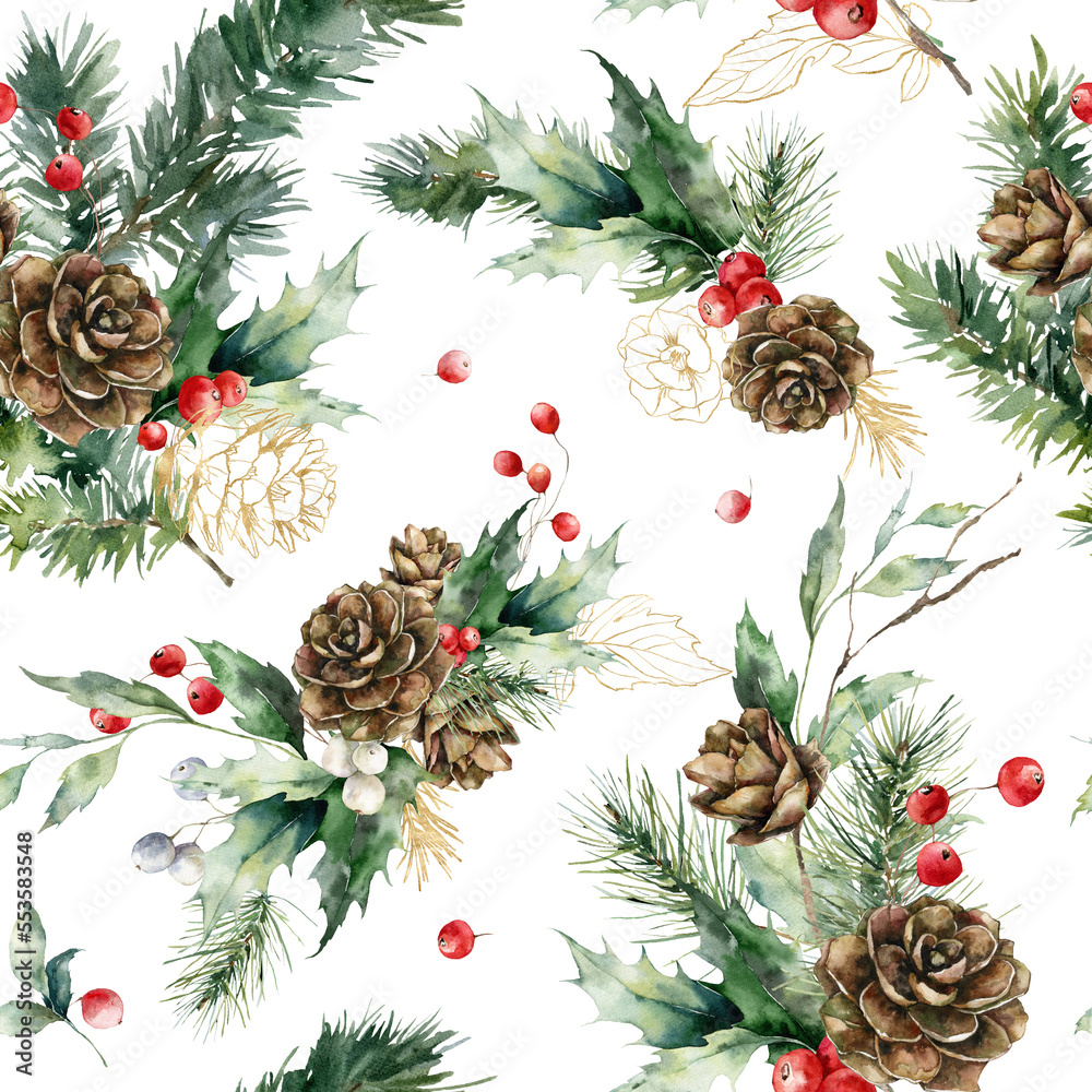 Watercolor Christmas seamless pattern of gold pine cone, branch, red ...