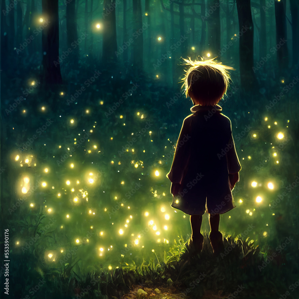 Little kid in magical forest surrounded by fireflies Stock Illustration ...