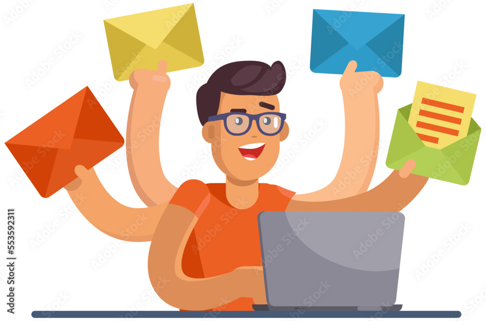 Man doing simultaneously many tasks. Male employee trying to deal with correspondence ...
