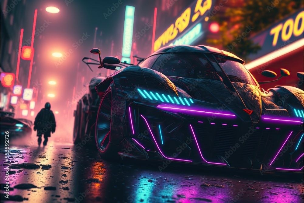 Sports concept car on future neon cyberpunk city street at night Stock ...
