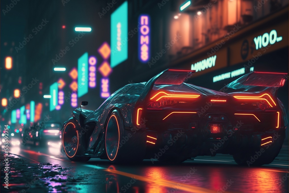 Sports concept car on future neon cyberpunk city street at night Stock ...