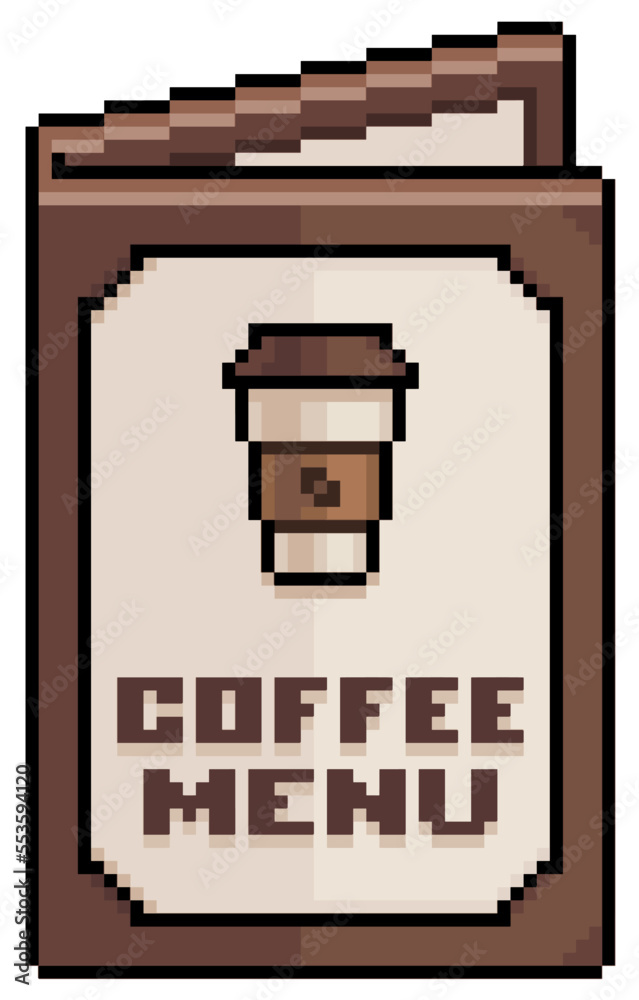 Pixel art coffee menu, paper menu vector icon for 8bit game on white ...
