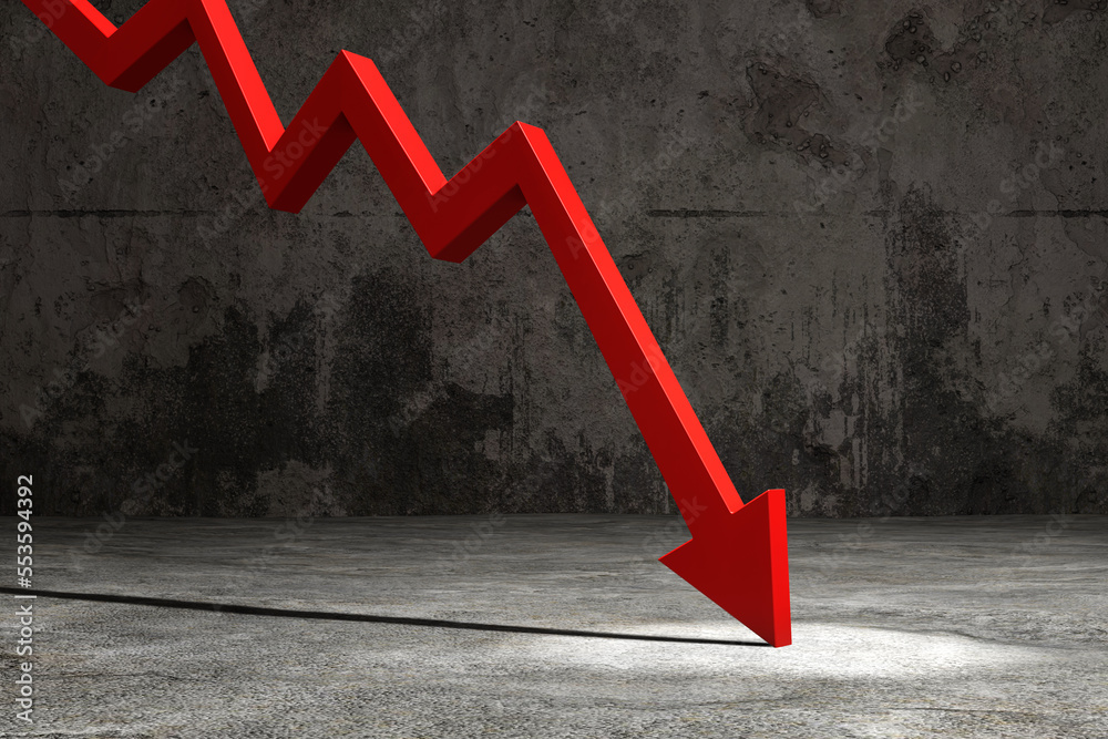 A red downward arrow hitting the concrete ground. Illustration of the ...