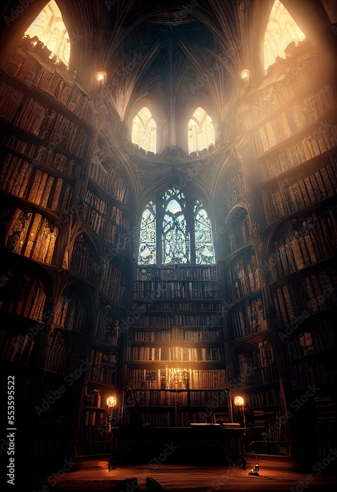 medieval library, gothic reading room interior with desks, old ...