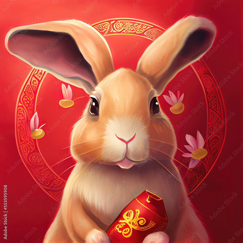 Cute bunny as traditional greeting card illustration for chinese new ...