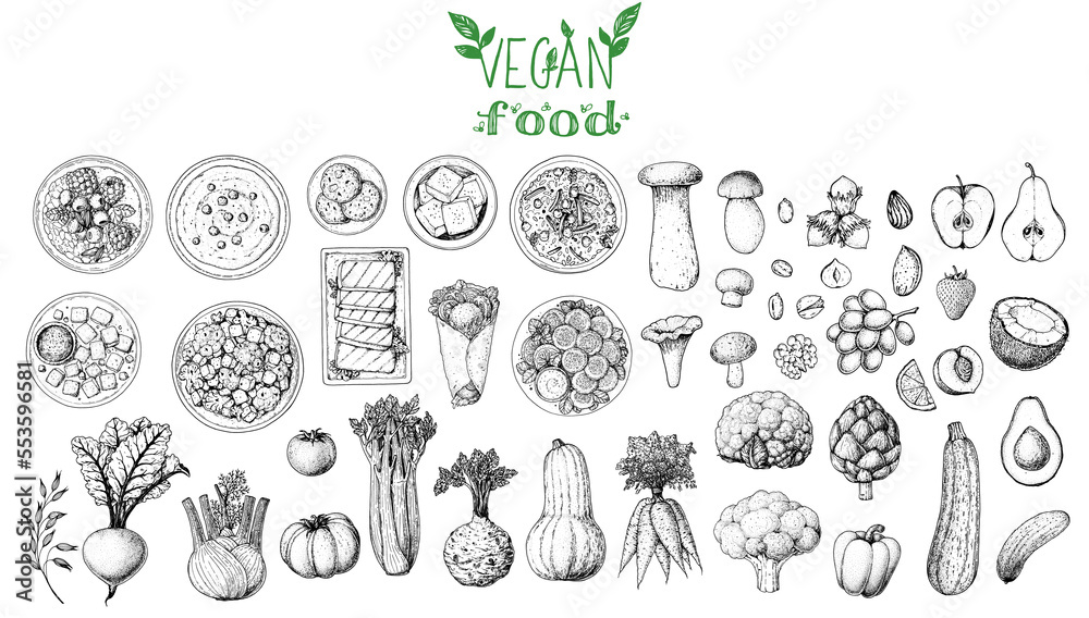 Vegan food sketch elements. Hand drawn vector illustration. Menu design ...