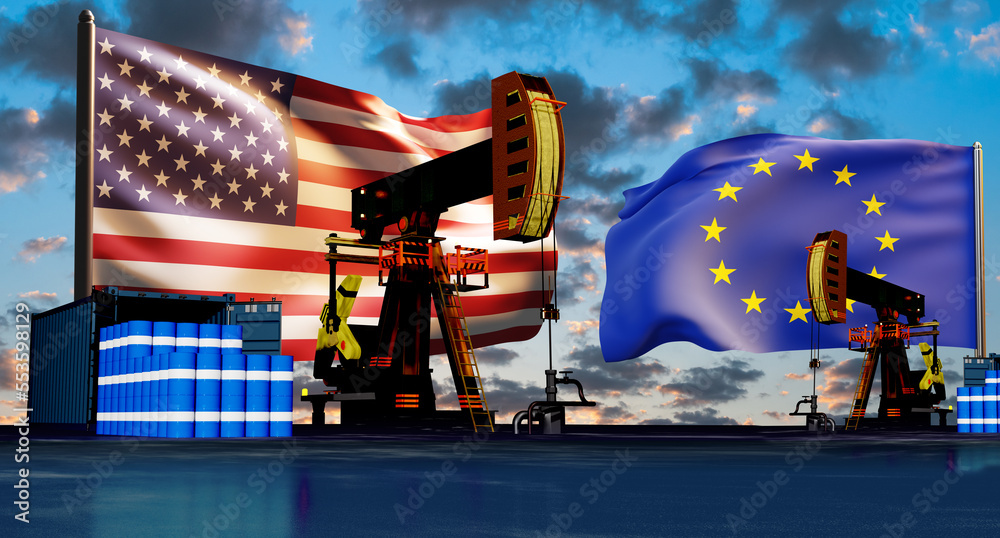 Oil fields. Political flags European Union and USA. Extraction crude ...