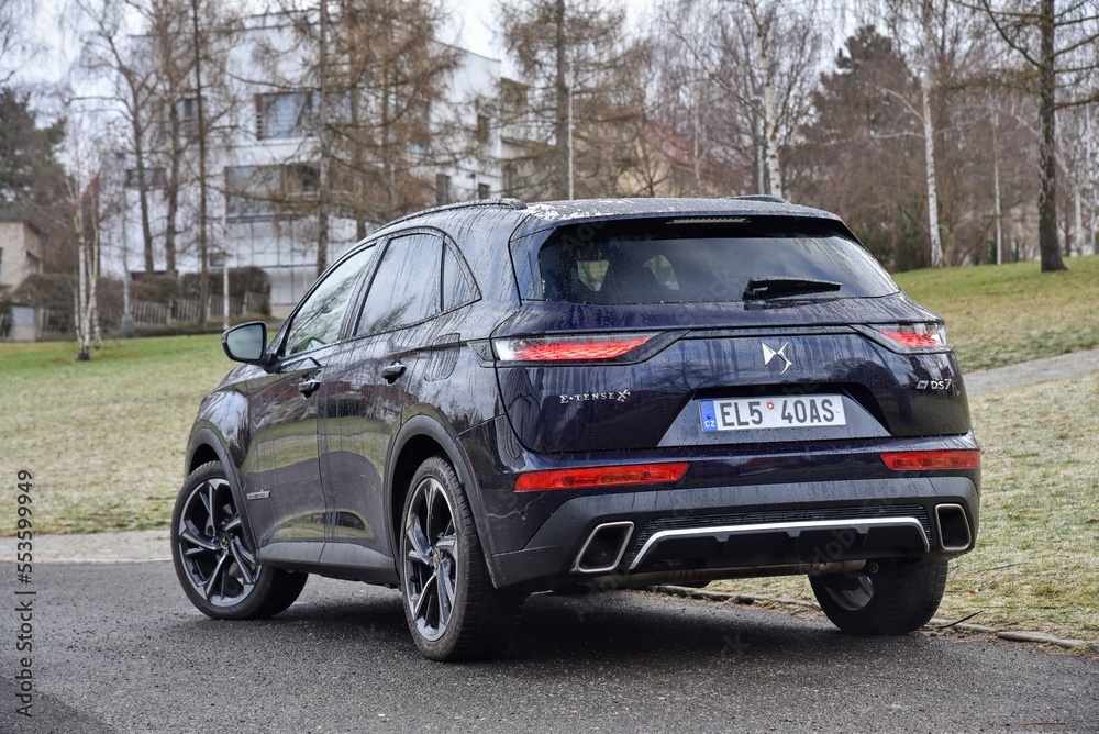 DS 7 Crossback Louvre E-Tense 4x4. Plug-in hybrid car. General rear ...