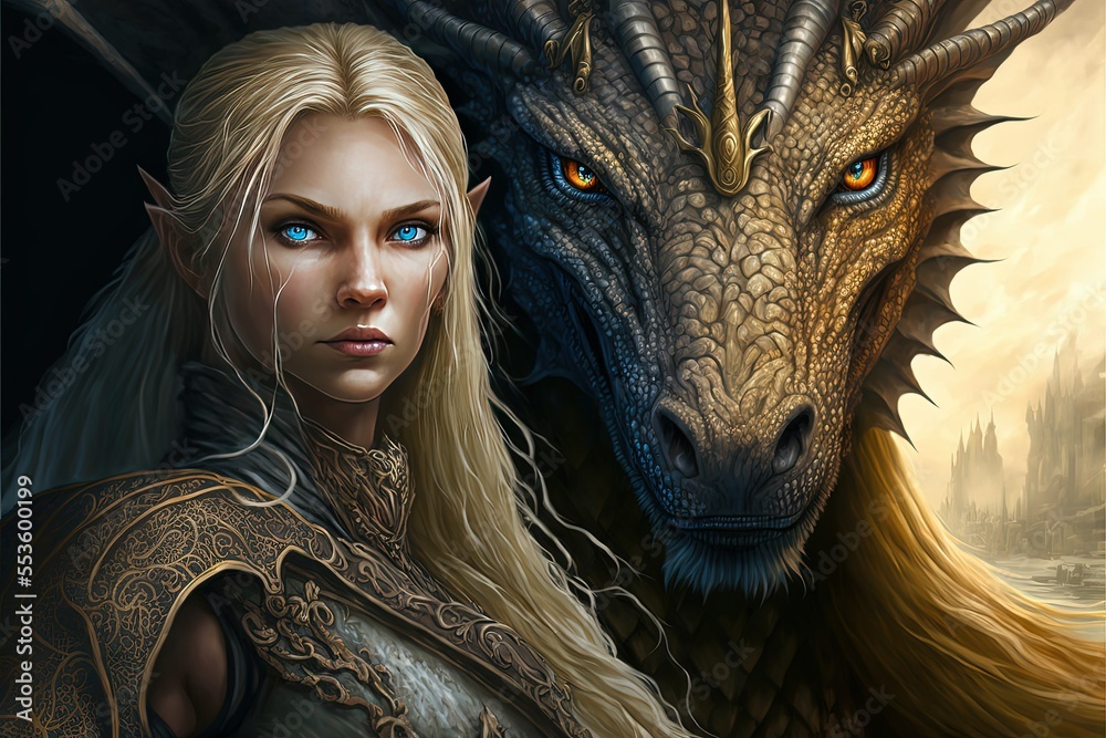 Beautiful woman with blond hair and her dragon pet, fantasy creature ...