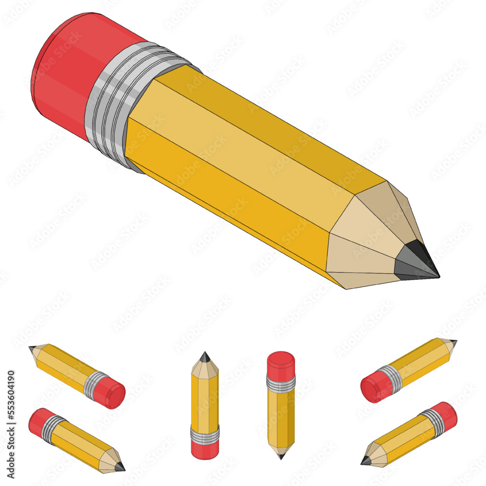 Isometric pencil. Stylized stationery pencil with an eraser. School and ...