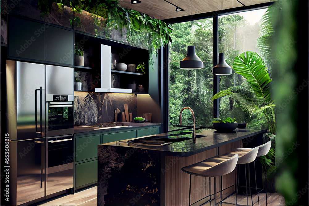 Luxury modern kitchen with a jungle theme with exotic plants interior ...
