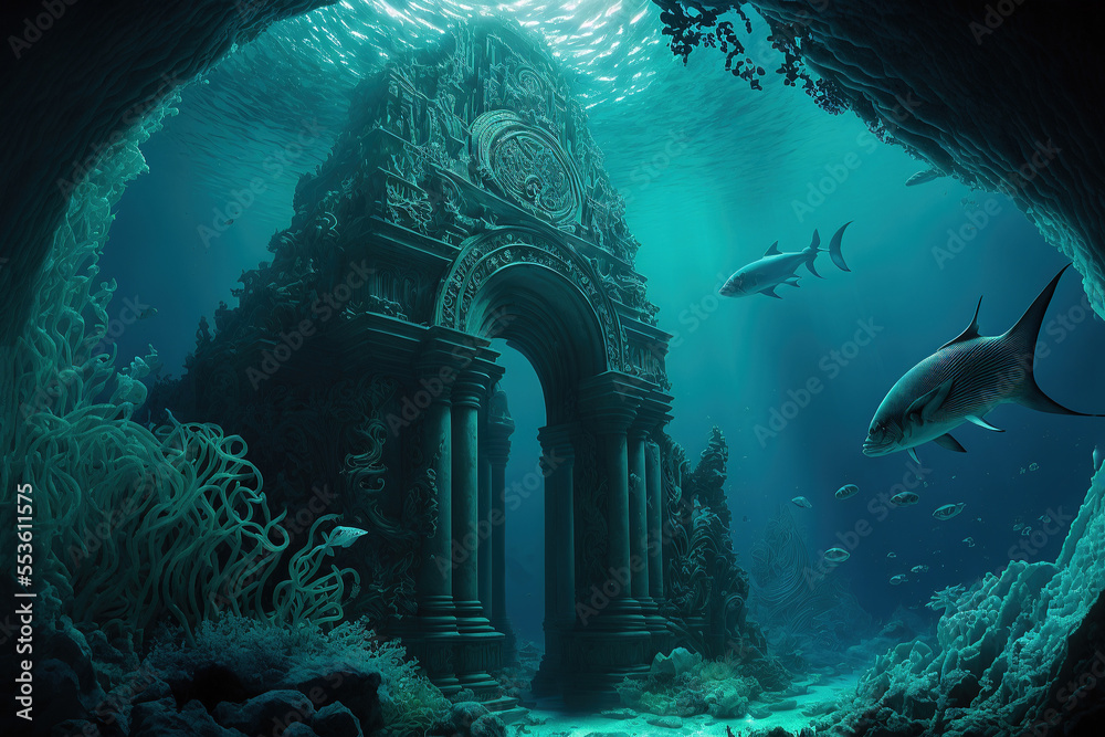 ภาพประกอบสต็อก Underwater ancient city in the depths of the ocean ...