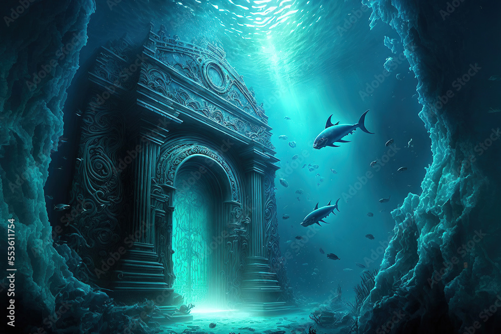 Underwater ancient city in the depths of the ocean. Atlantis lost world. ancient sunken ...