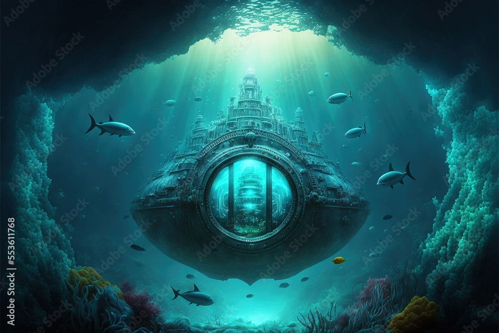 Underwater ancient city in the depths of the ocean. Atlantis lost world ...