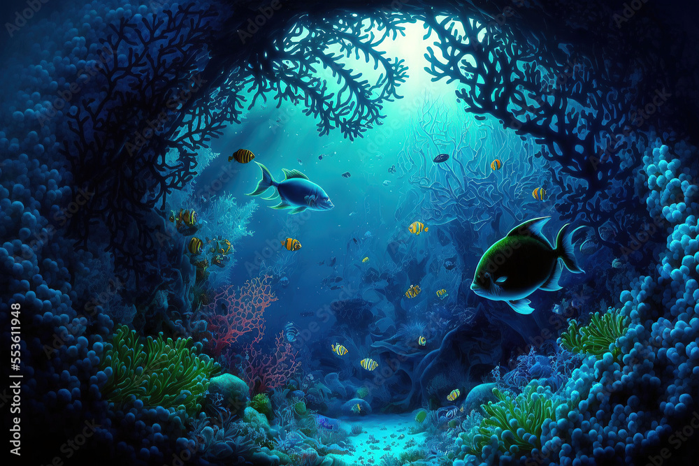Underwater world at the depth of the ocean. Underwater gorges and ...