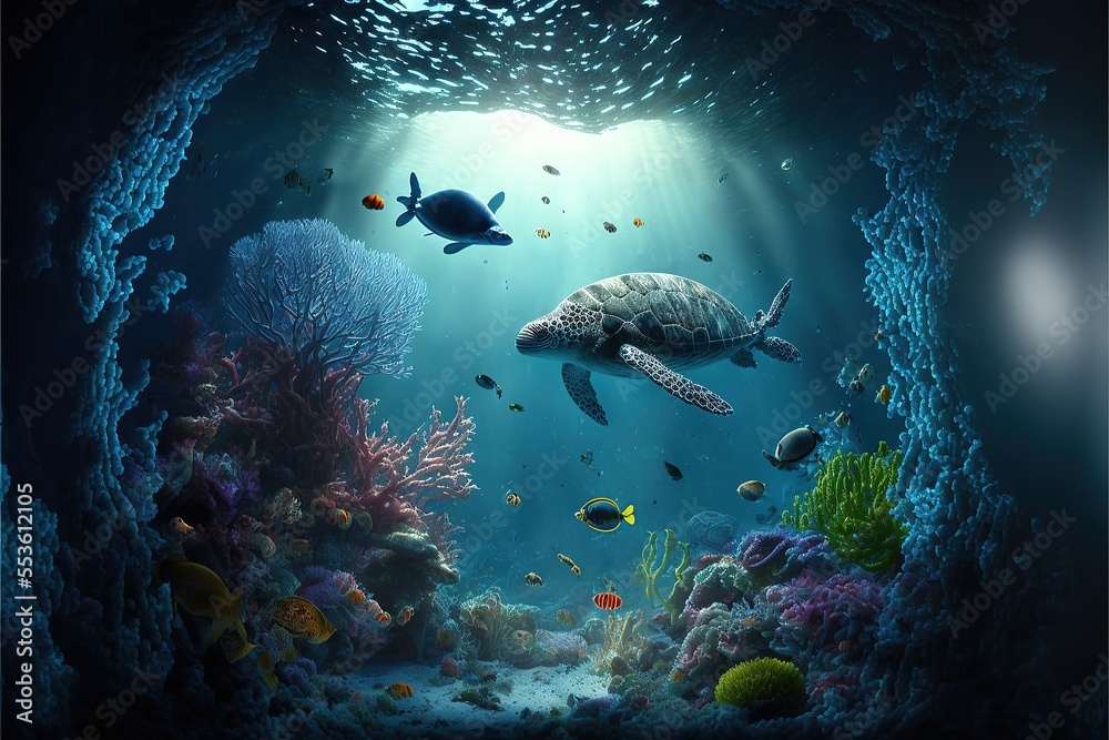 Underwater world at the depth of the ocean. Underwater gorges and ...