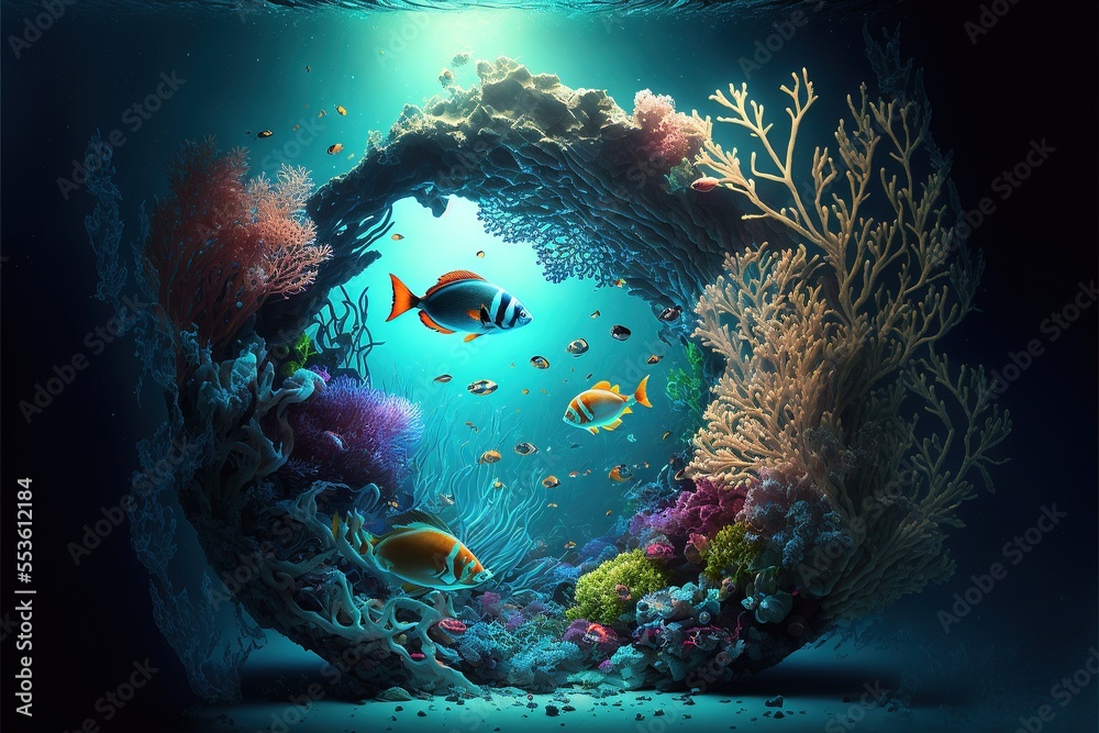 Underwater world at the depth of the ocean. Underwater gorges and ...