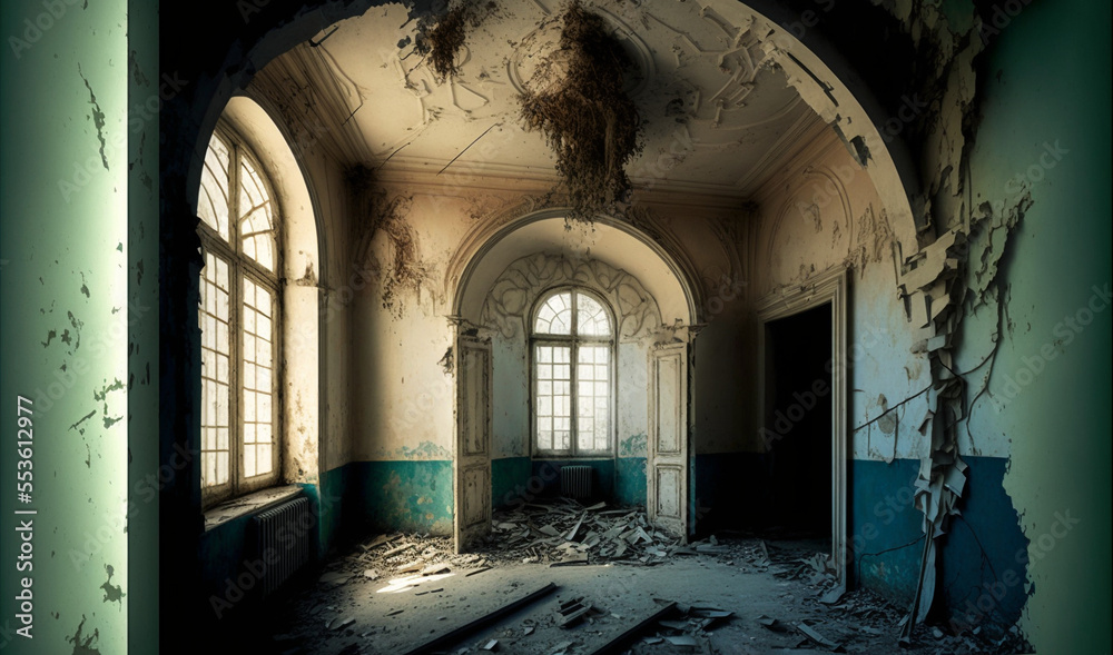 Fictional abandoned house with peeling paint and destroyed walls ...
