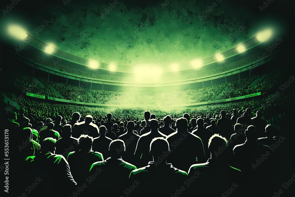 A stadium lighting shines over a green football pitch and the shadows ...