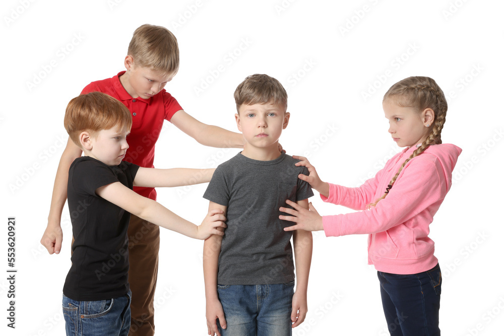 Kids bullying upset boy on white background Stock Photo | Adobe Stock