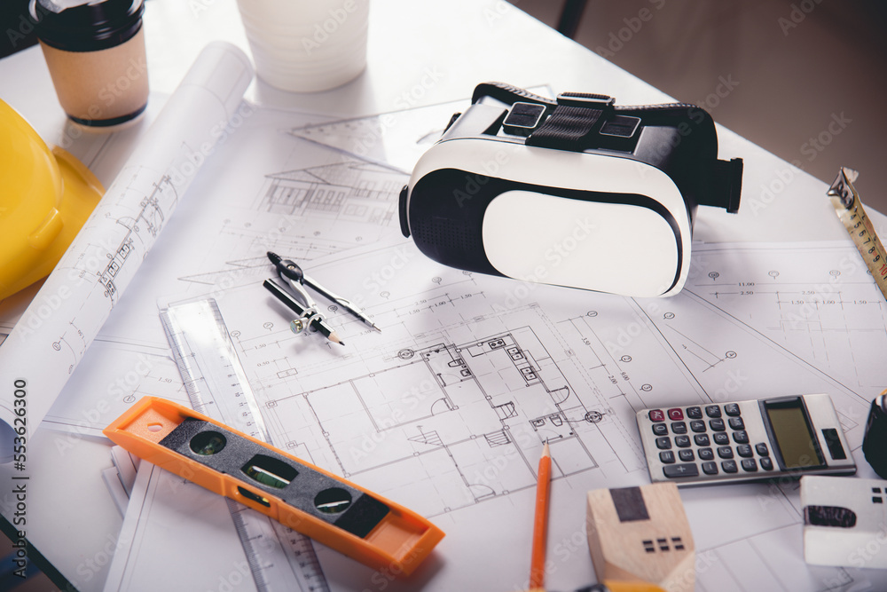 Architect workplace top view. Architectural blueprint paper project ...