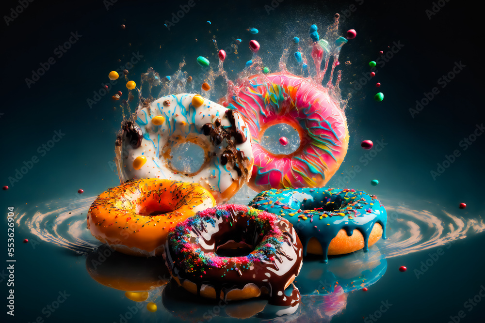 Flying donuts. Mix of multicolored doughnuts. Image created with ...