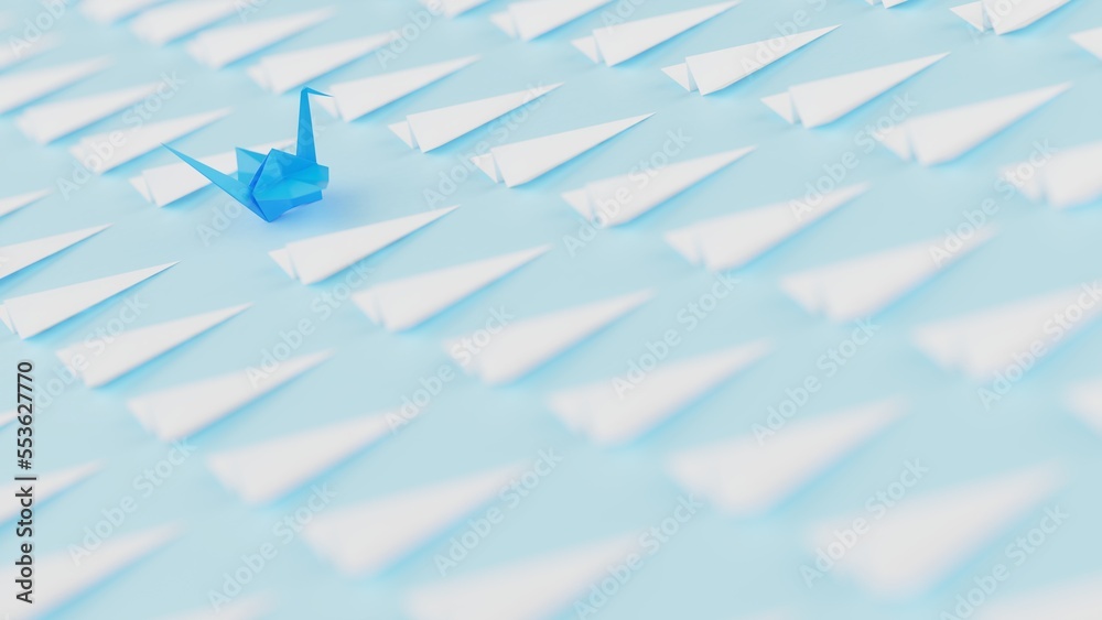 Origami of blue crane and many white airplanes on soft blue board under ...
