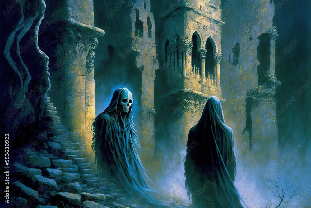 Spectral figures in cloaks with skeletal masks hovering near ancient ...