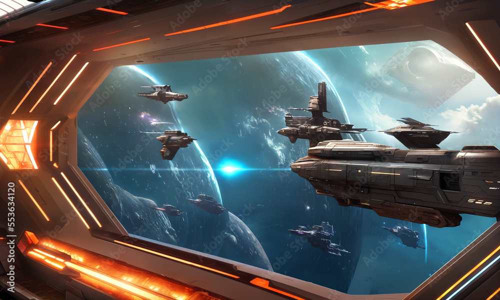 Sci-fi view from ship window of multiple space ships, made with AI ...
