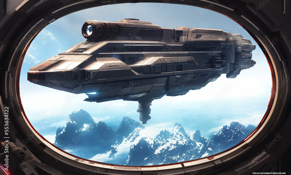Sci-fi view from ship window of a giant space ship, made with AI ...