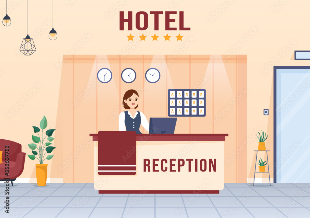 Hotel Reception Interior with Receptionist People and Travelers for ...
