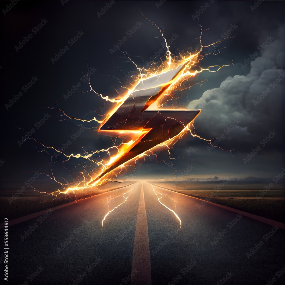 a lightning bolt is shown in the middle of a road with a dark sky in ...