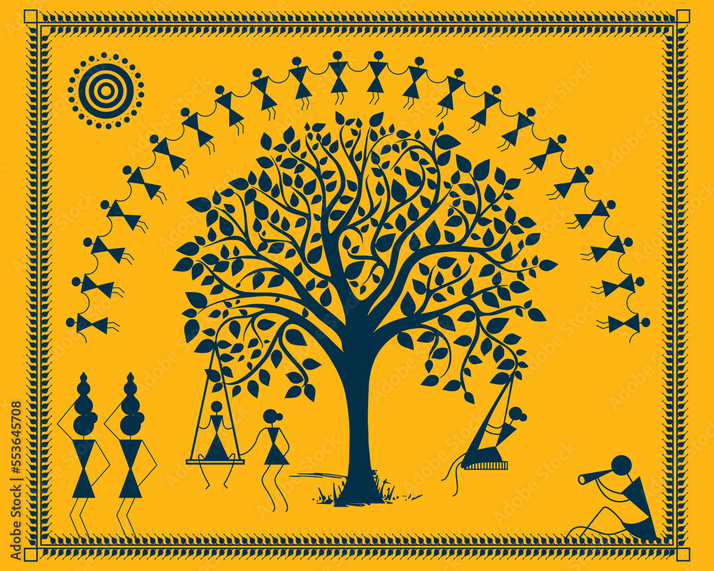 Warli art showing Real enjoyment in indian village. Rural area with ...