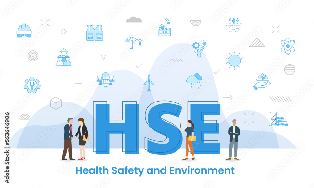 hse health safety environment concept with big words and people ...