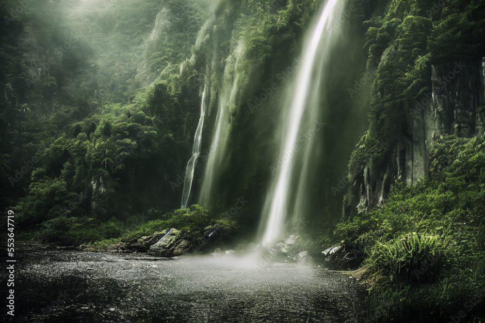 Aerial view of the waterfall in the deep mountains, the background is ...