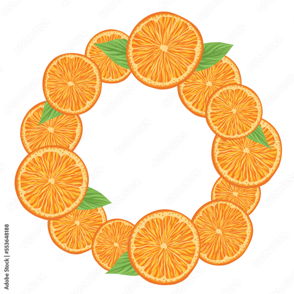 Vector circle border with orange slices, leaves and copy space. Round ...
