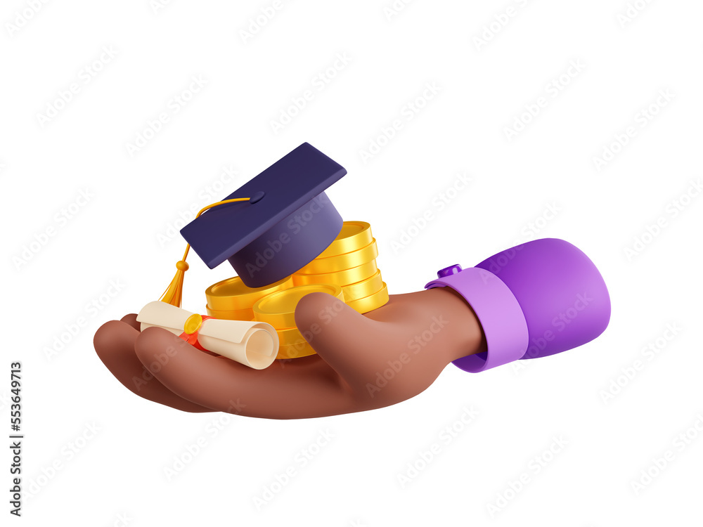 3d render hand with money, diploma and academic cap. Human palm with ...