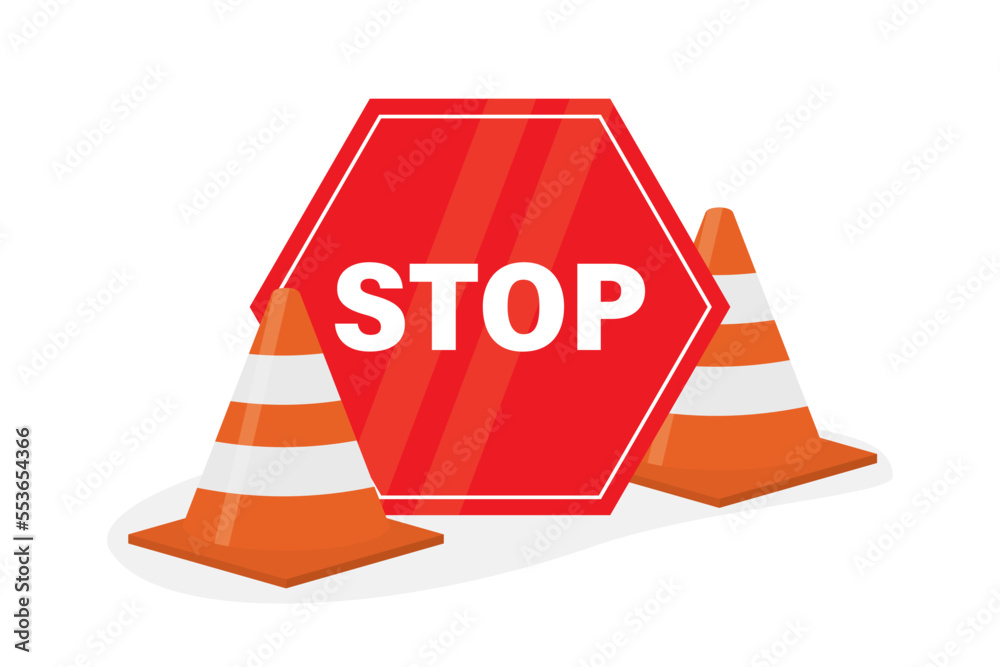 Warning signs on the highway. Way and passage is closed, red sign is ...