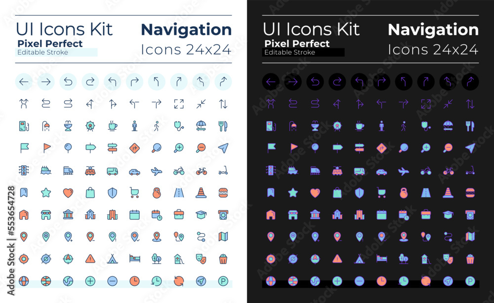 GPS and navigation pixel perfect RGB color ui icons set for dark, light ...