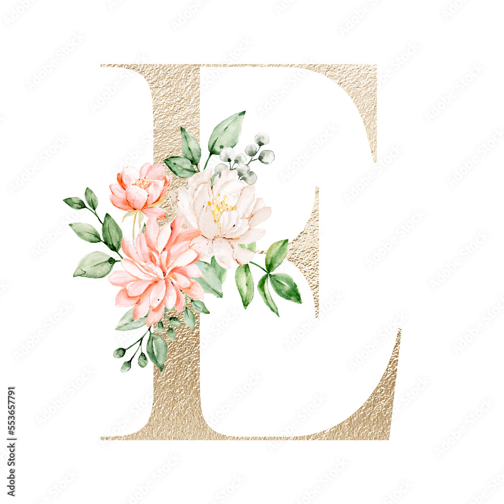 Floral alphabet, gold letter E with watercolor flowers and leaf ...