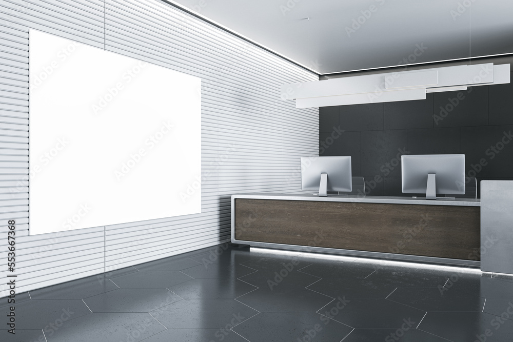 Modern wooden and concrete office reception interior with empty white ...