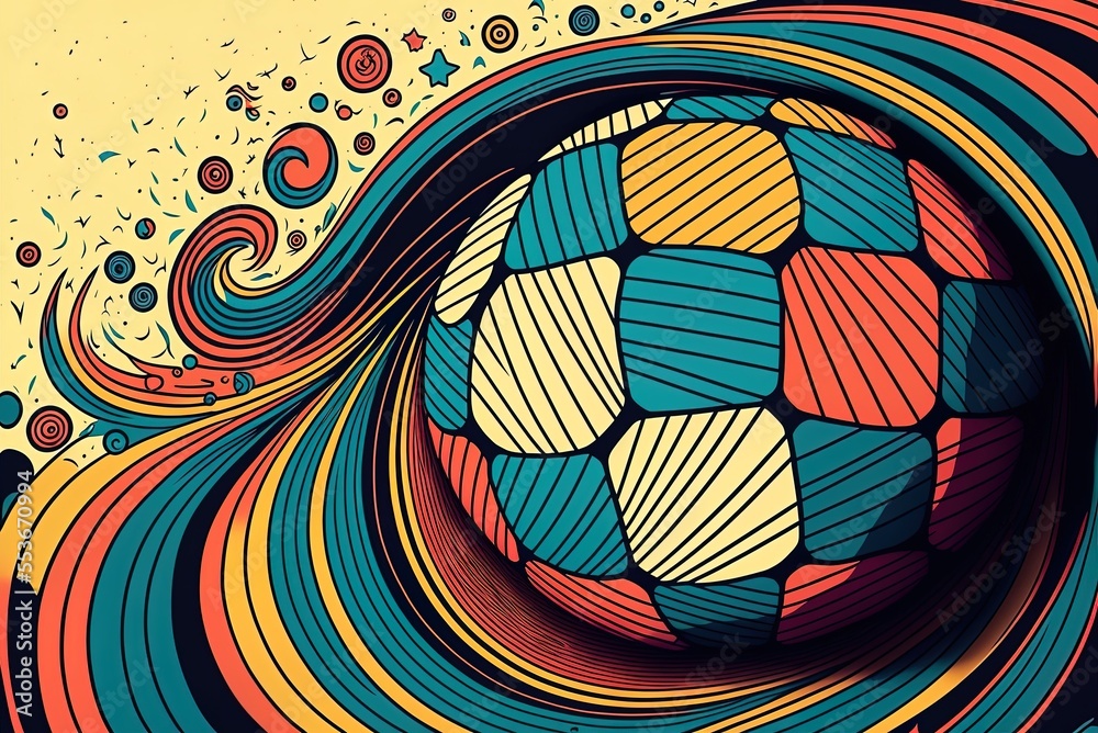 Colorful football backdrop with a doodled ornament and a drawing of a ...