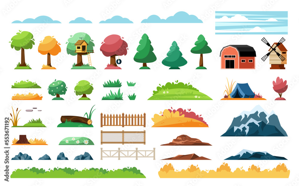 Landscape constructor. rural houses trees bushes mountains wooden fence ...