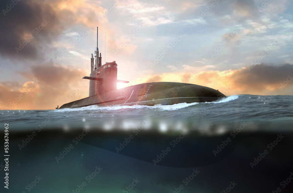 Naval submarine submerged from shallow water at sea Stock Illustration ...